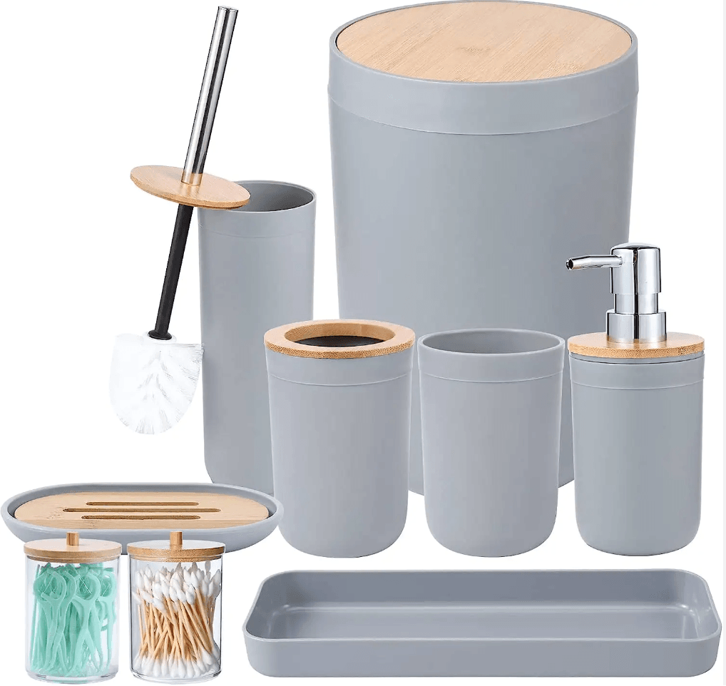 Grey Bathroom Accessories Set 6 Pieces Bamboo Bath Ensemble Eco ...